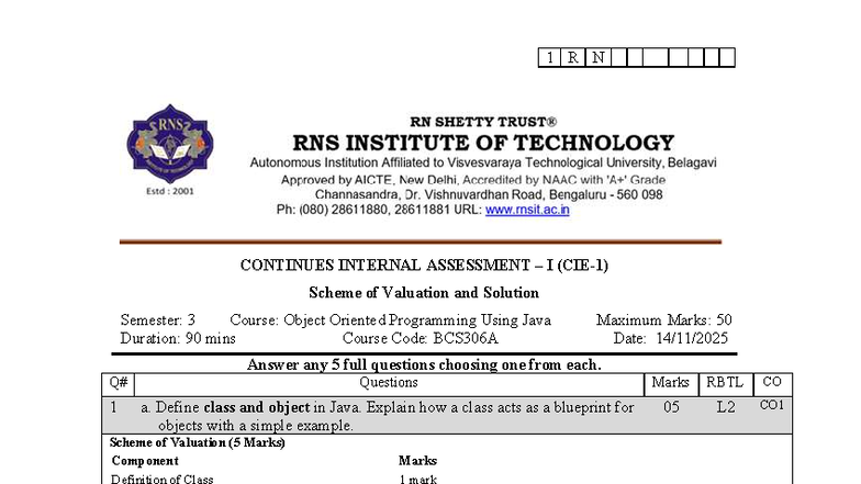 JAVA IA 1 BCS306A - Internal Assessment I Solutions and Valuation - Studocu