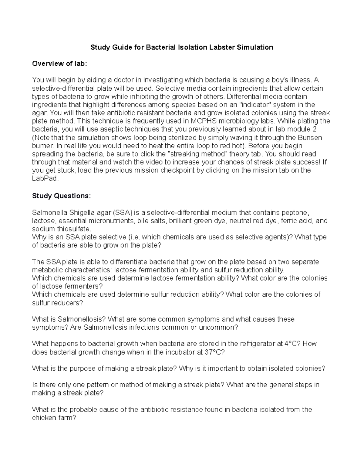 Bacteria Isolation Study Guide labster F20 - Study Guide for Bacterial ...