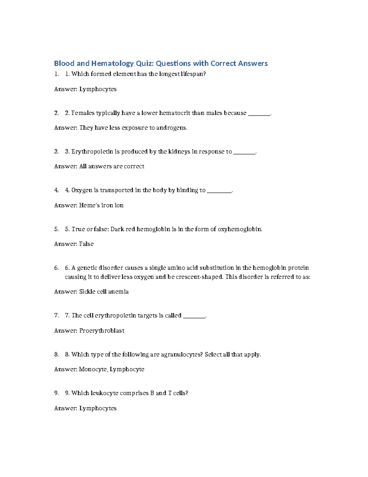 A&P2 Module 1 Blood and Hematology Quiz: Key Questions & Answers - Studocu