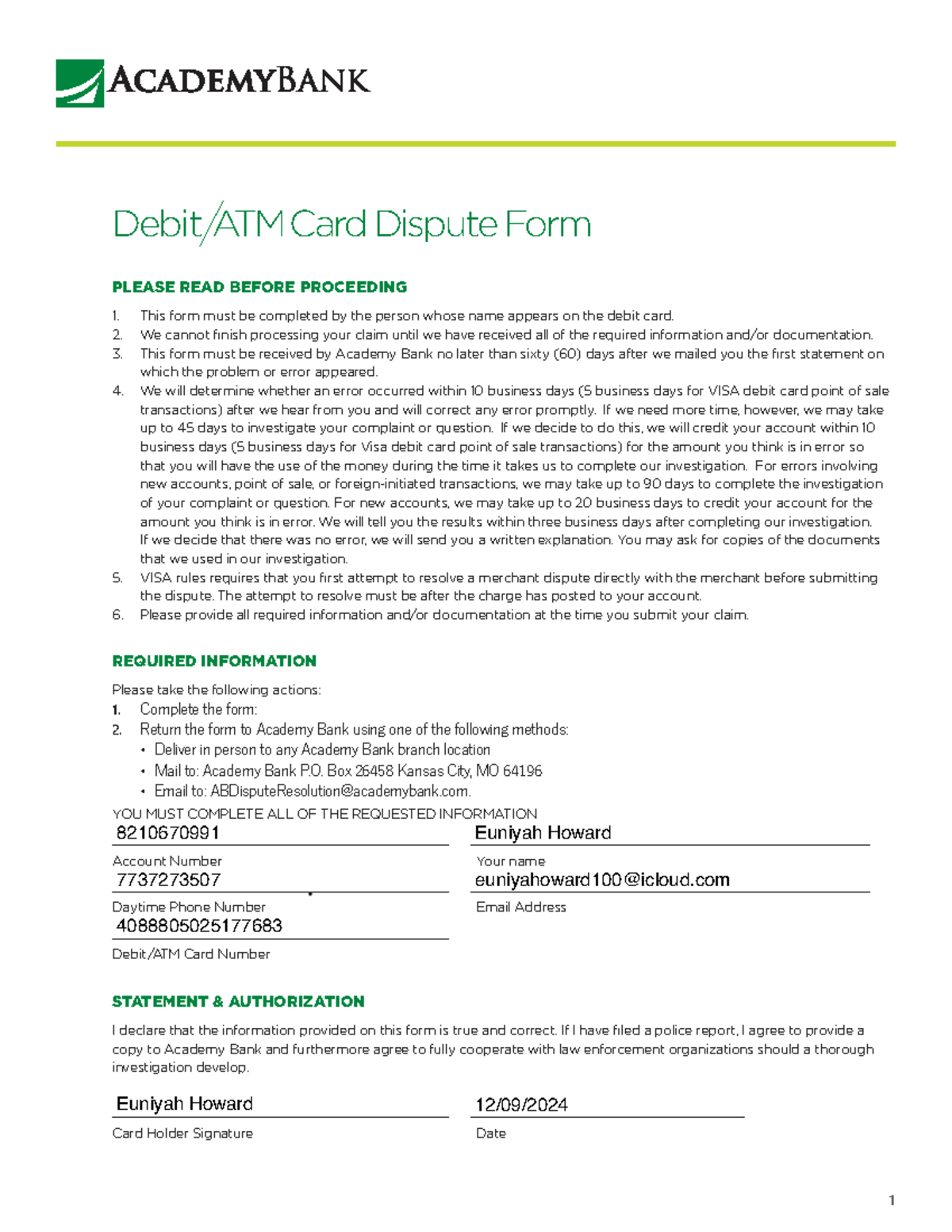 AB Debit card dispute form instructions and requirements - Studocu