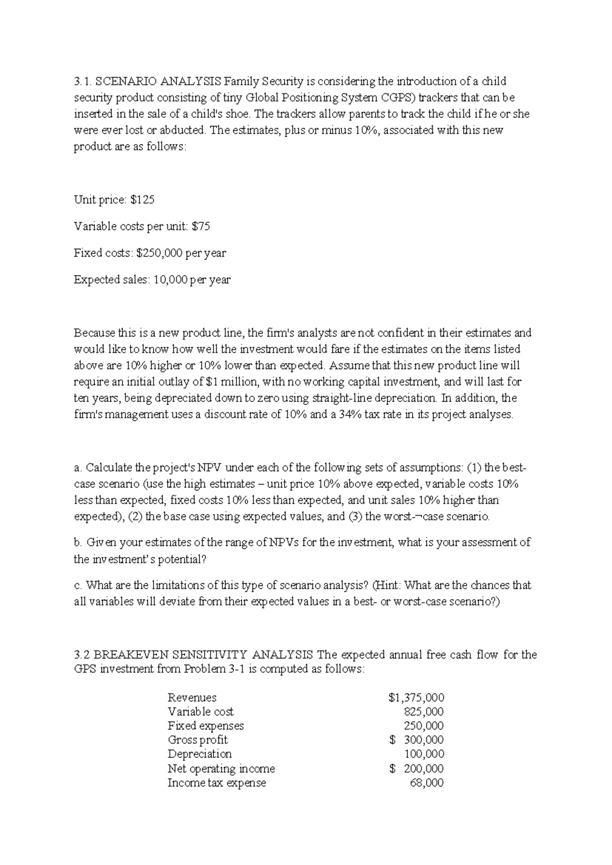 3.1 & 3.2 Scenario & Breakeven Sensitivity Analysis for GPS Investment - Studocu