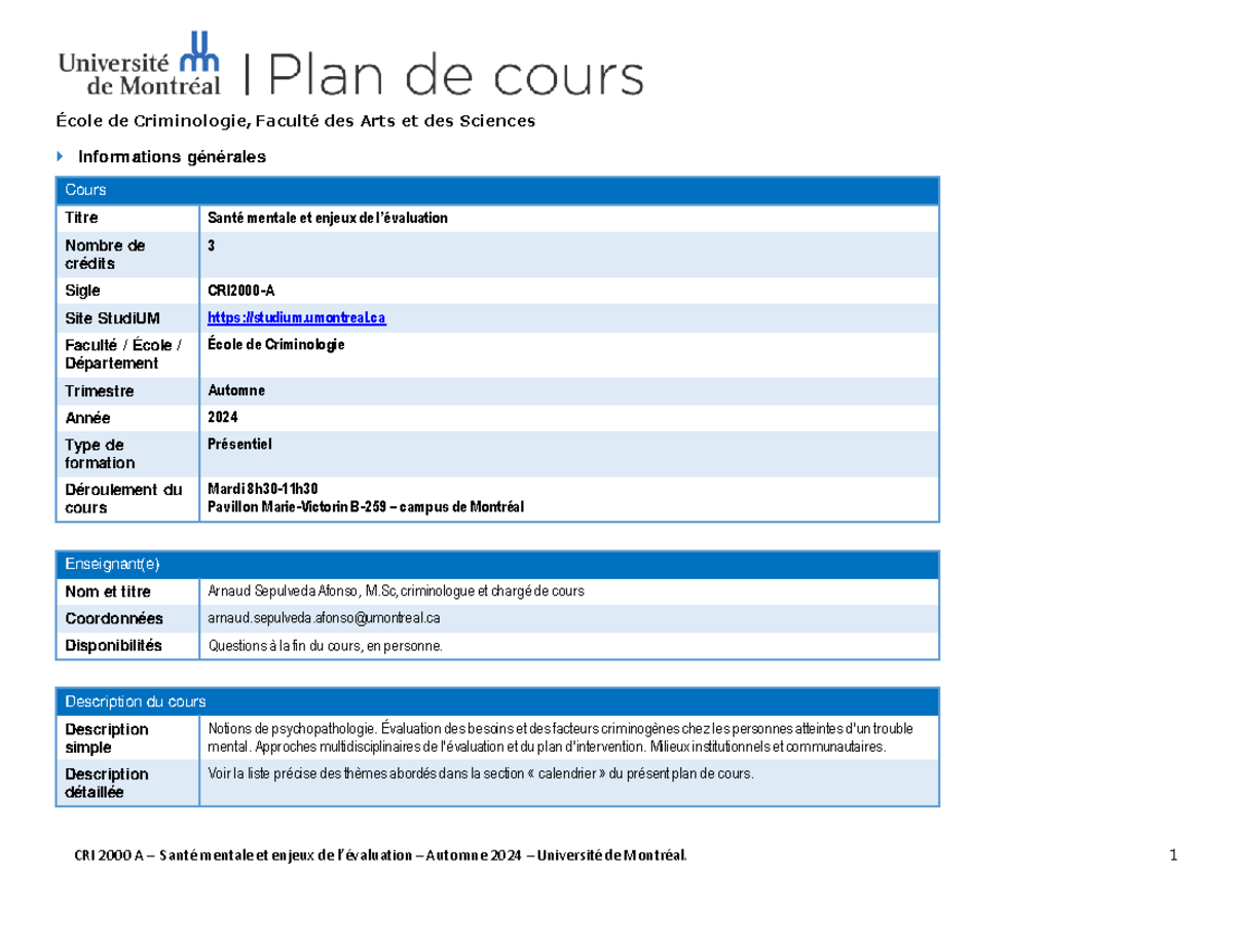 CRI 2000 A - Aut 2024 - Plan de Cours Santé Mentale et Évaluation - Studocu
