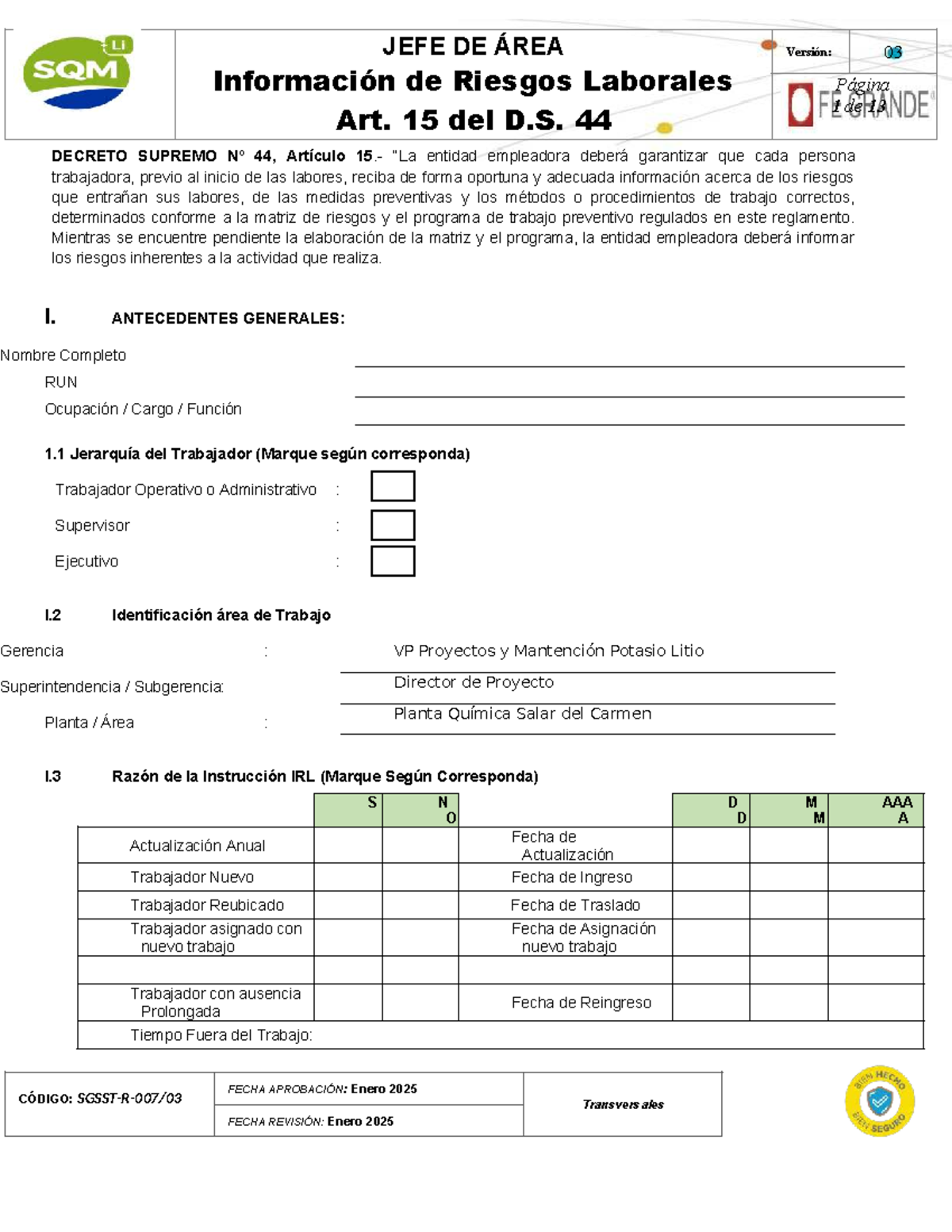 IRL - JEFE DE ÁREA: Información sobre Riesgos Laborales y Prevención ...