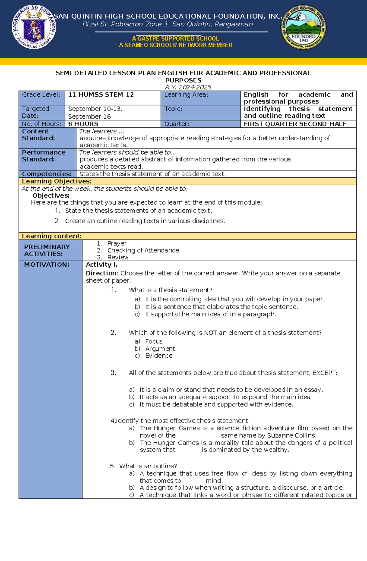 LPW5 EAPP Semi-Detailed Lesson Plan: Identifying Thesis Statements ...