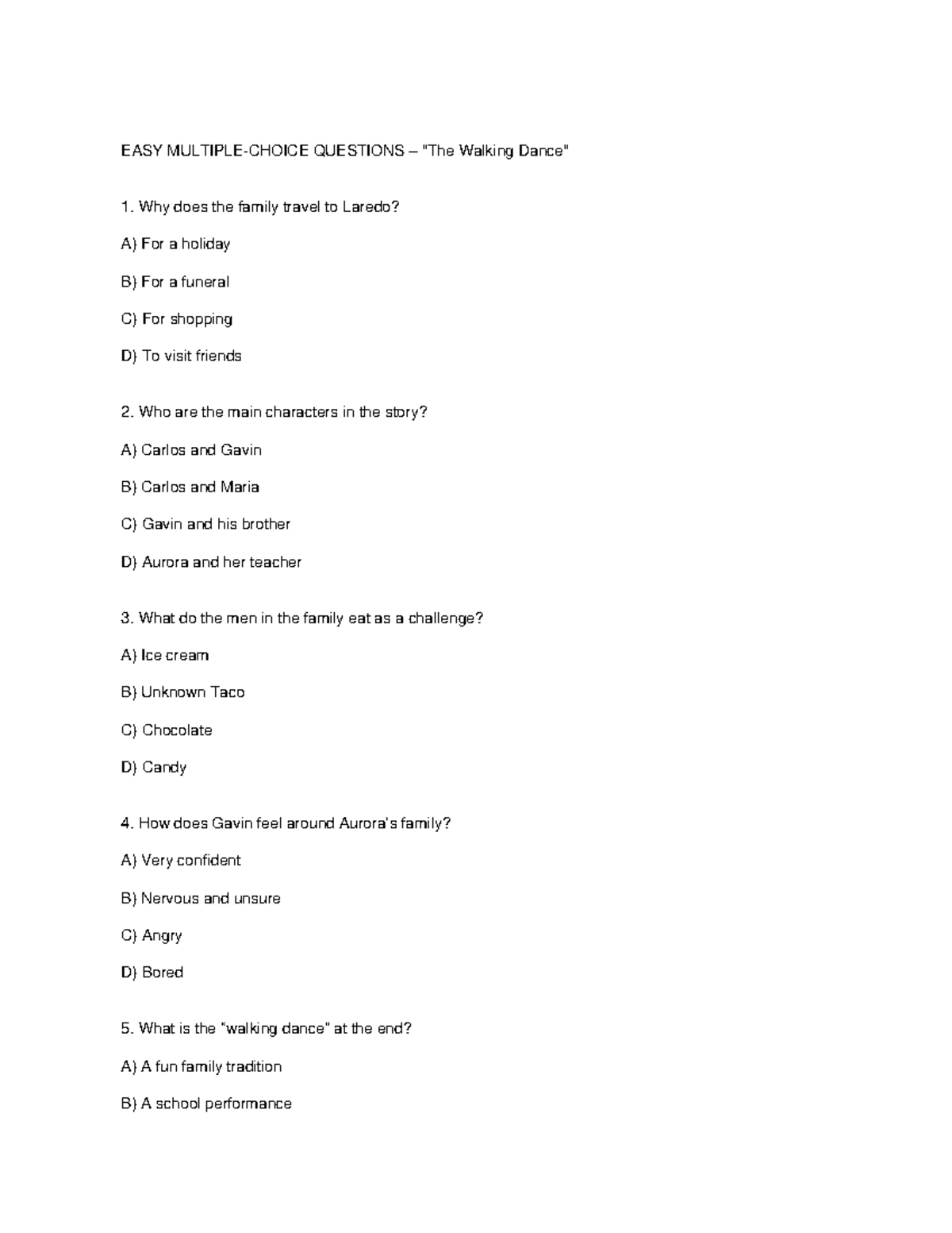 Walking Dance Easy MCQs: Family Trip & Character Insights - Studocu