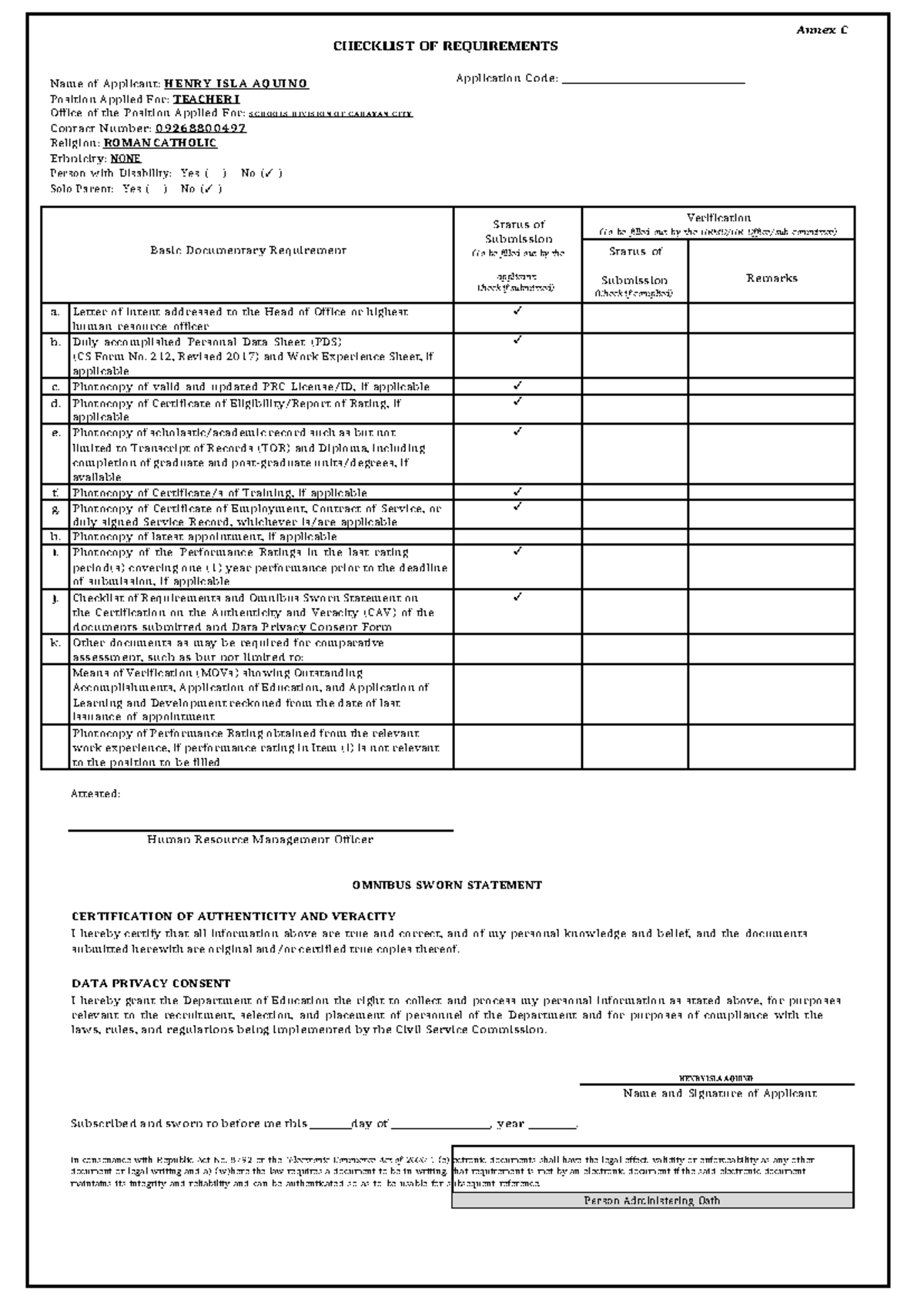 Annex C: Checklist of Requirements & Omnibus Statement for DepEd - Studocu