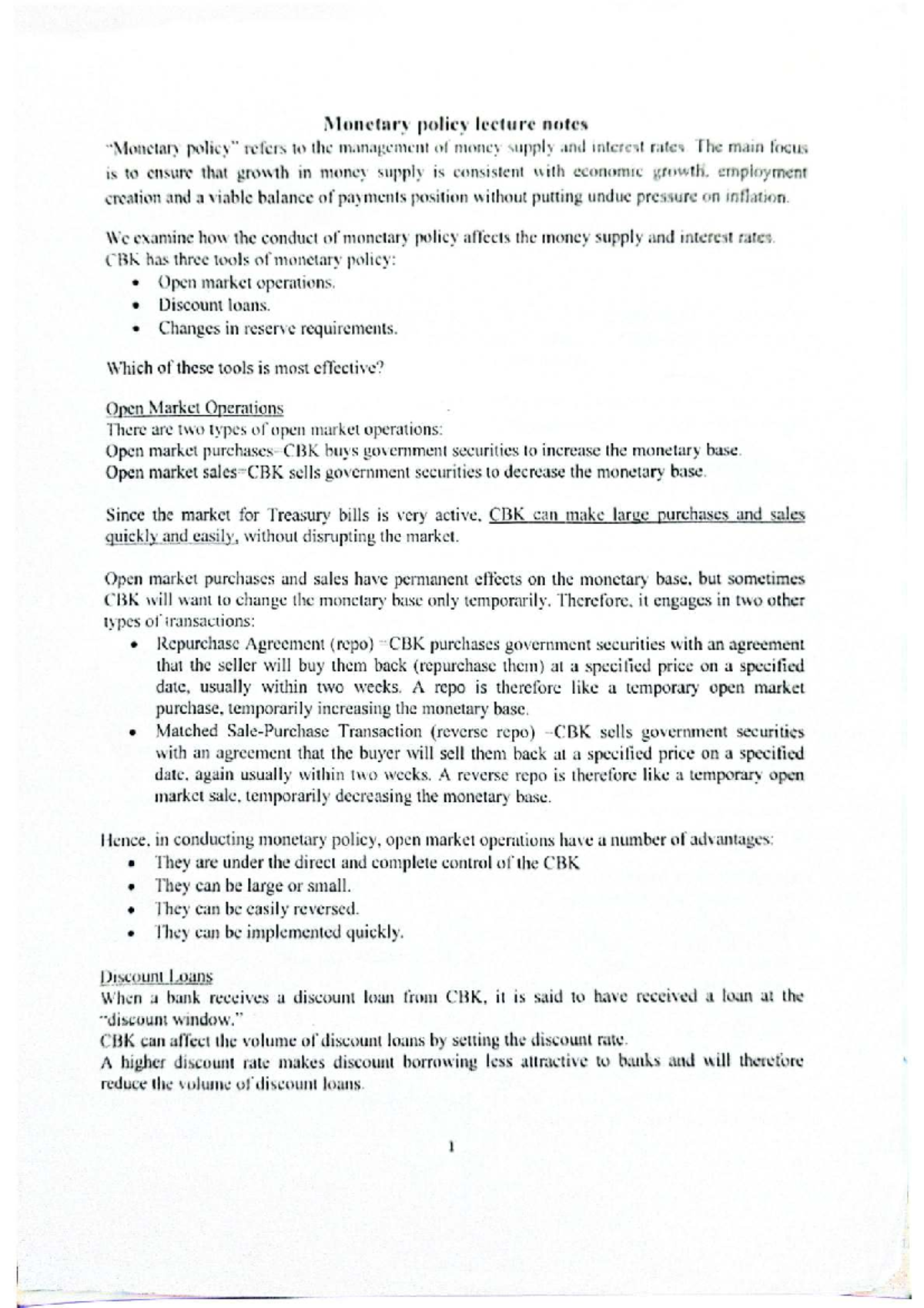 Monetary Policy Lecture Notes (ECO 101): Understanding Tools & Goals ...