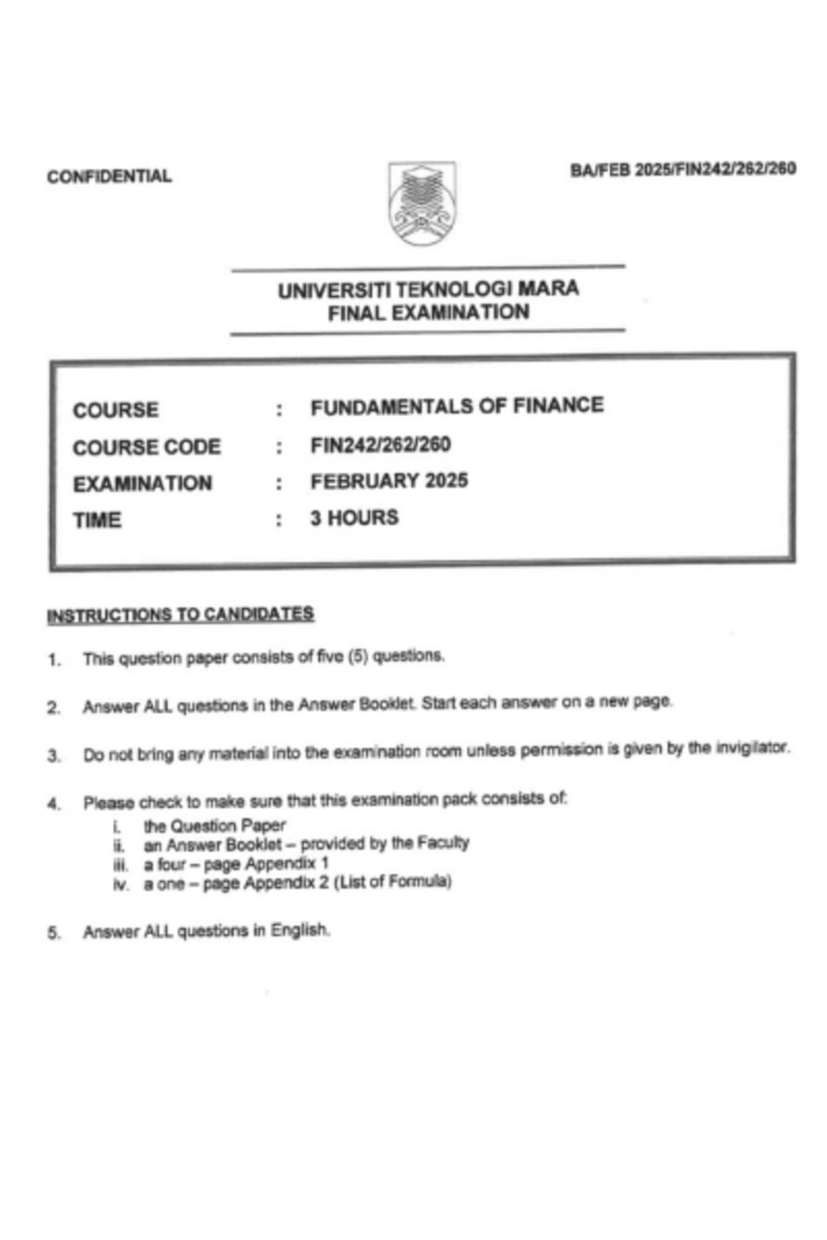 FEB2025 FIN242 - Fundamentals of Finance Final Exam Paper - Studocu