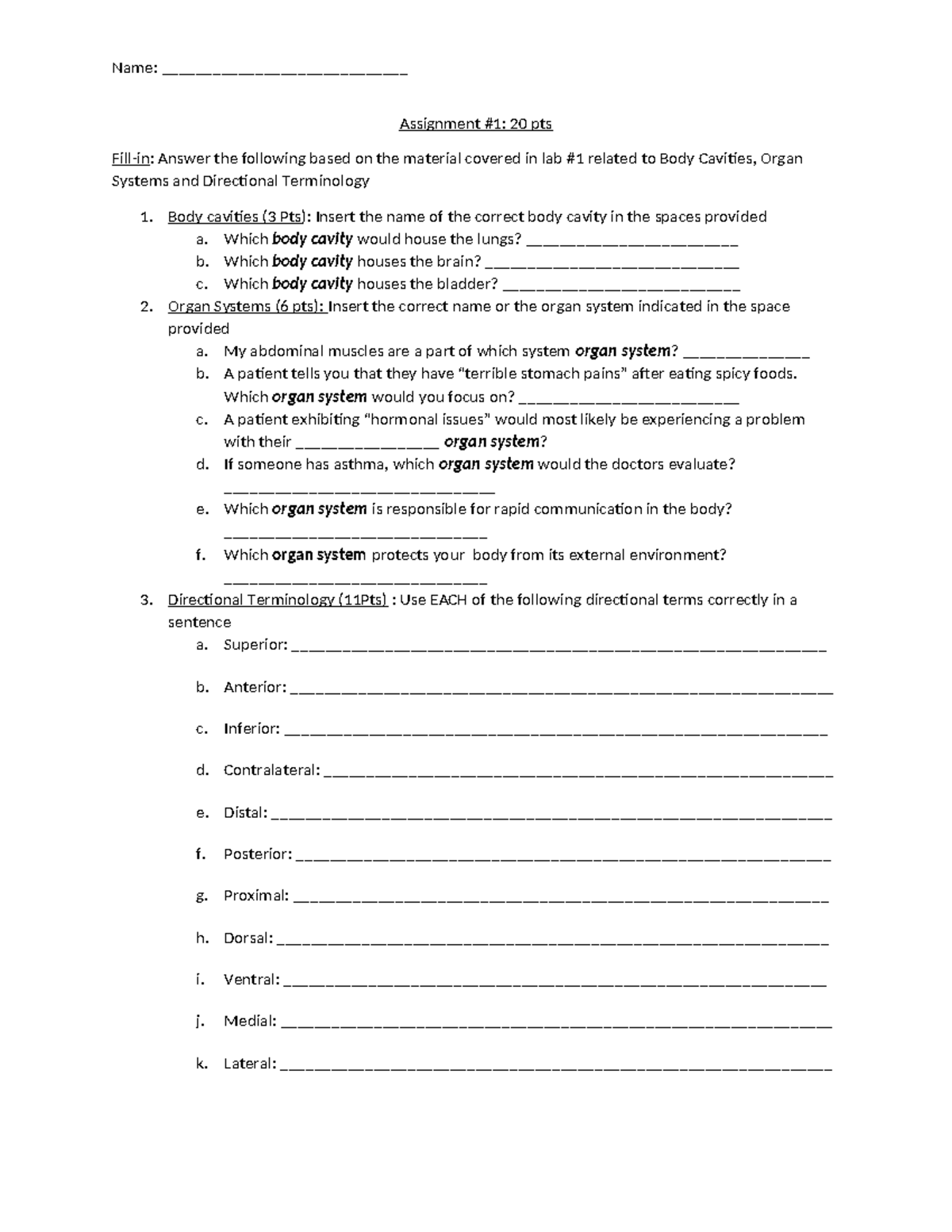 Lab #1 Assignment: Body Cavities, Organ Systems & Directional Terms ...