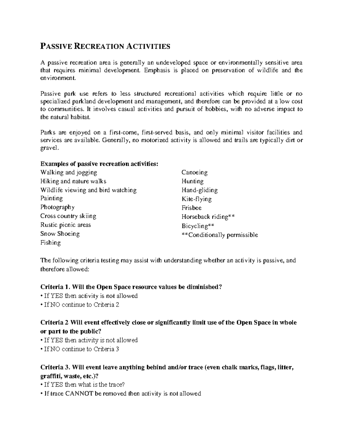 Passive active recreation - PASSIVE RECREATION ACTIVITIES A passive ...