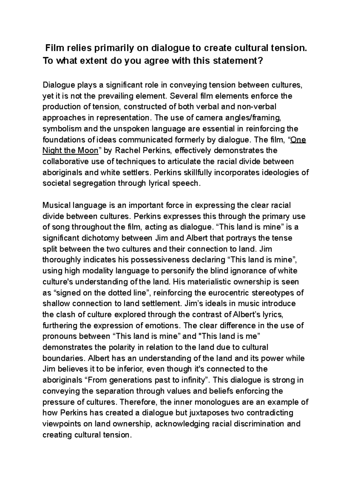 Essay - Cultural Tension in "One Night the Moon" Analysis - Studocu