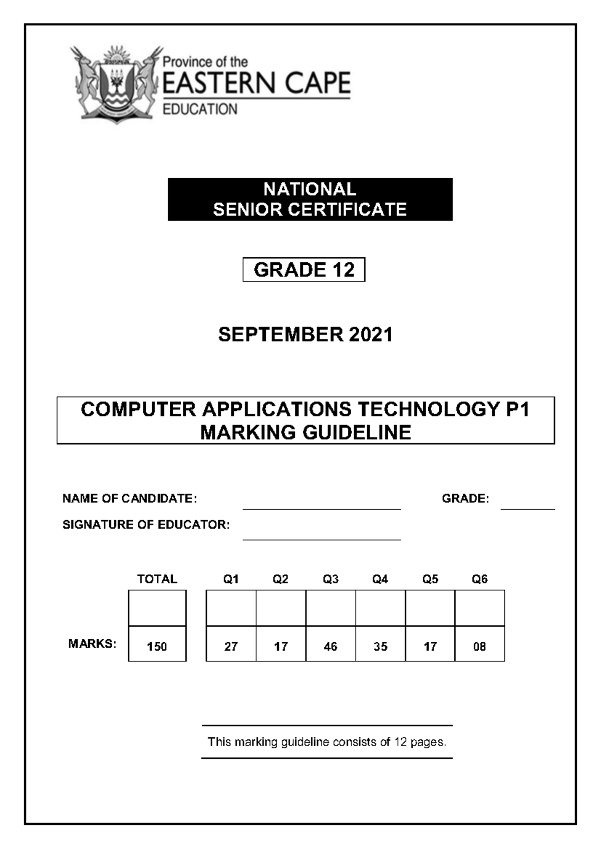 CAT P1 SEPT 2021 GR12 MARKING GUIDELINE AND MEMO - Studocu