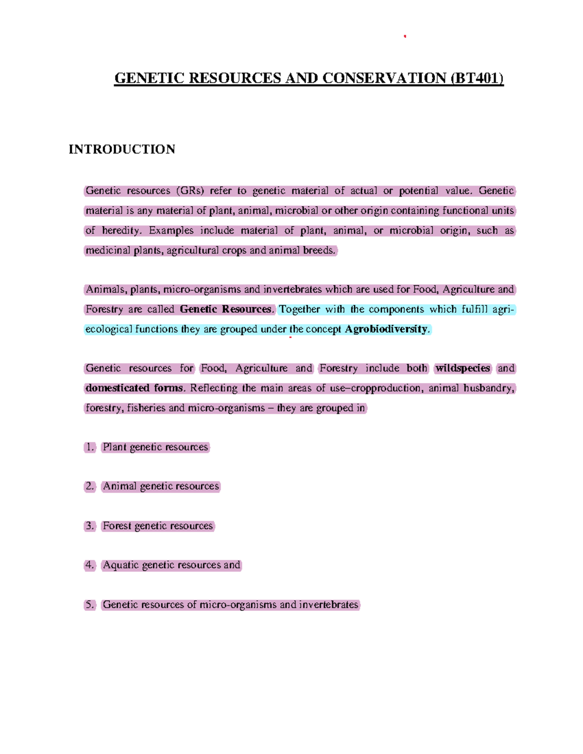 Genetic Resources and Conservation Overview (BT401) - Studocu