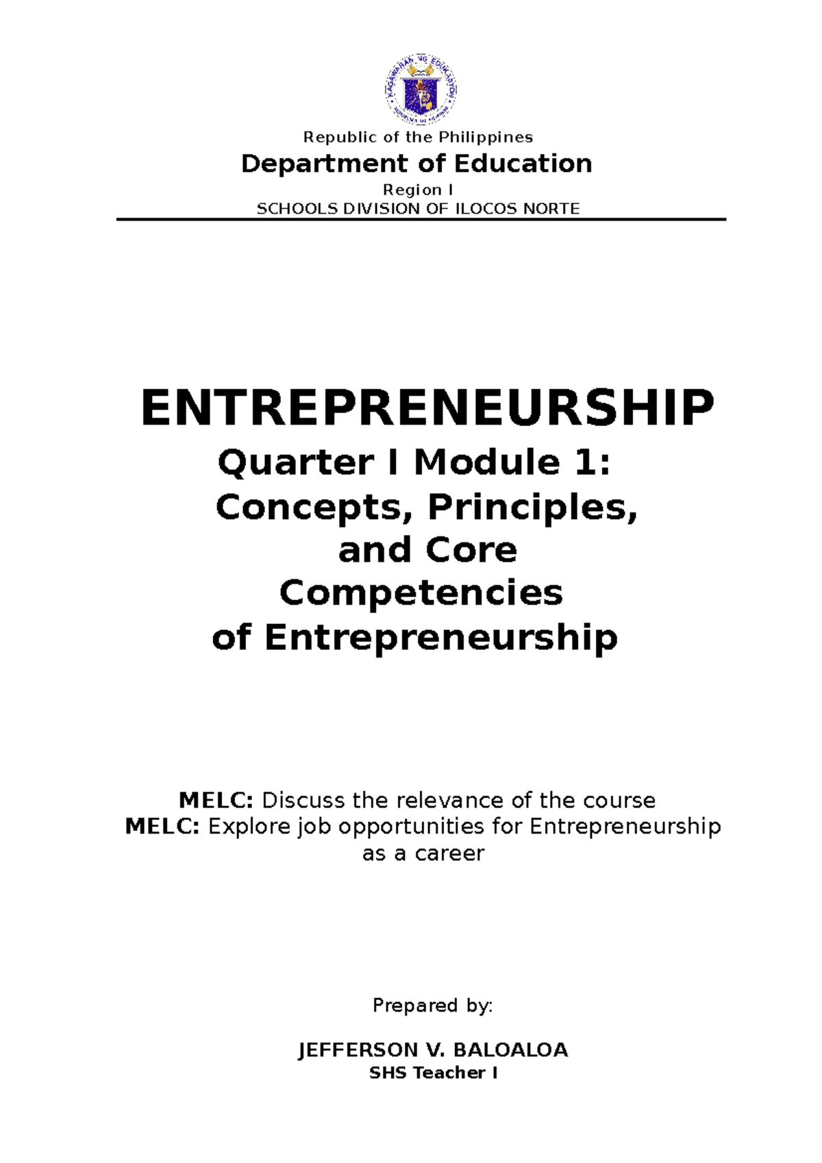 Entrepreneurship 11/12 Q1 Module 1: Core Concepts & Competencies - Studocu