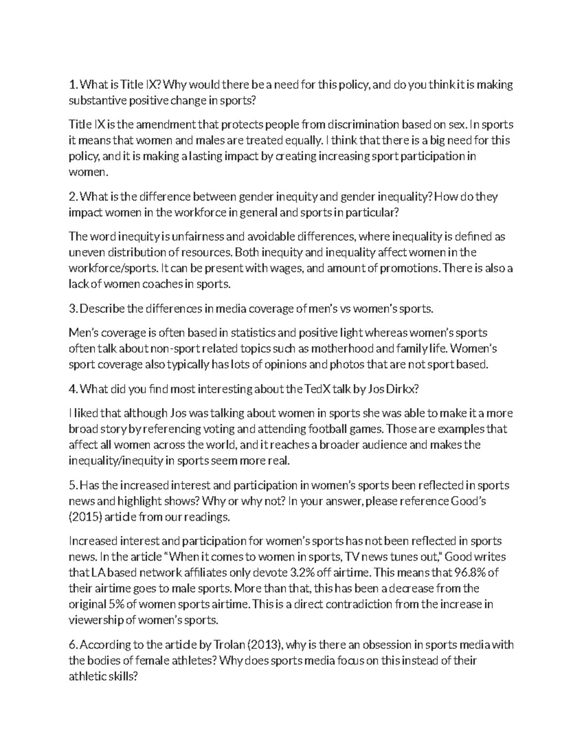 Title IX and Gender Equity in Sports: Week 4 Discussion Insights - Studocu