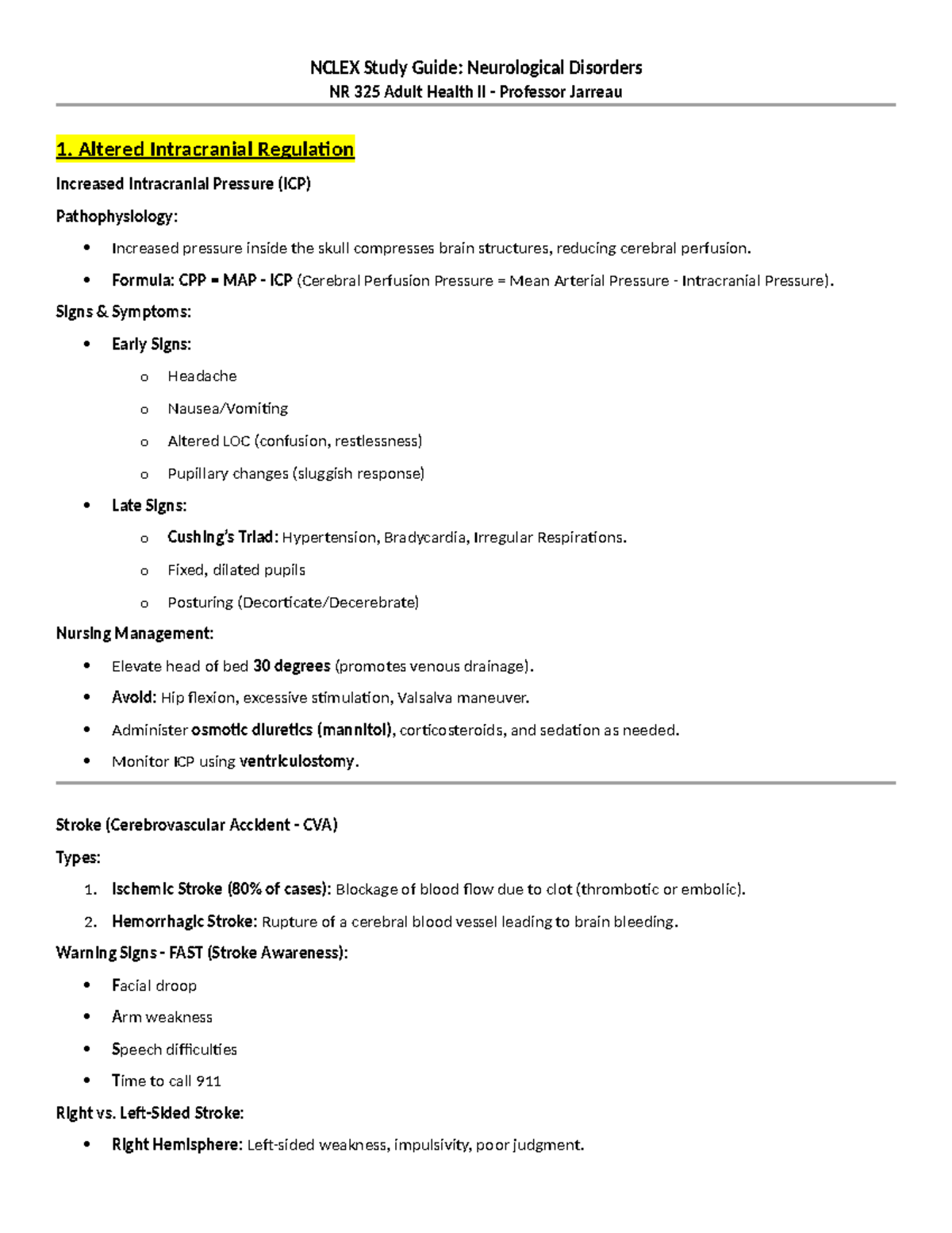 Neuro Disorders Wk 4 Review - NCLEX Study Guide: Neurological Disorders ...