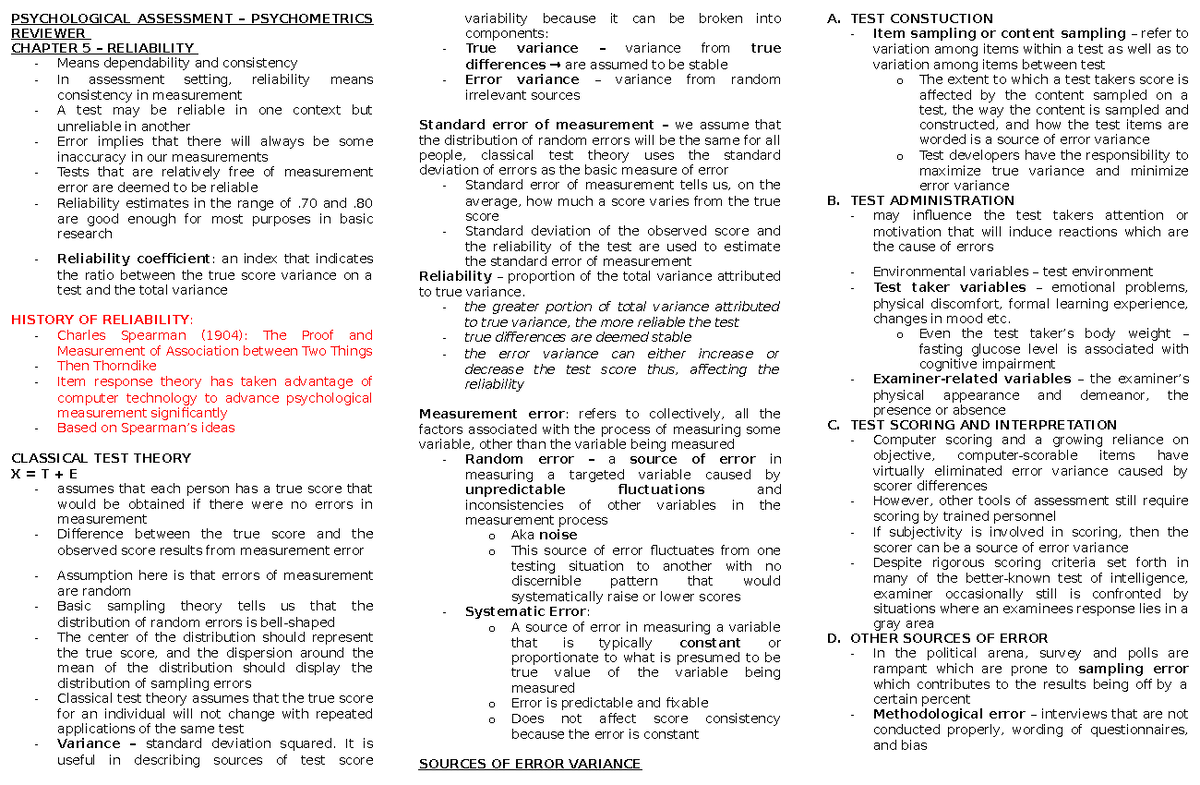 Chapter 5 , 6 & 7 - Psychometrics - PSYCHOLOGICAL ASSESSMENT ...