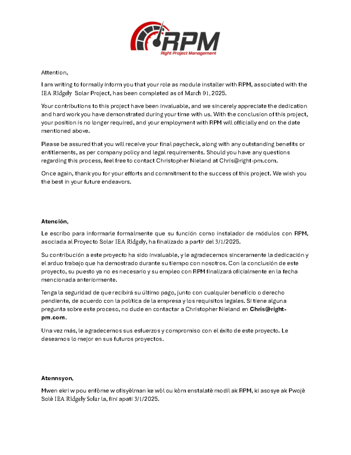RPM - Layoff Notification for IEA Ridgely Solar Project - Studocu