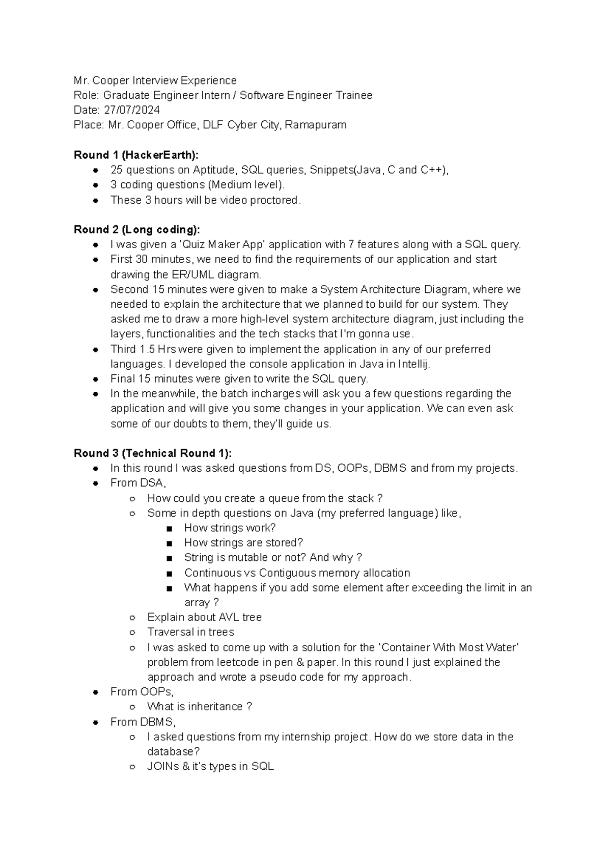Mr. Cooper - Interview Experience - Graduate Engineer Intern - 2024 - Mr. Cooper Interview - Studocu