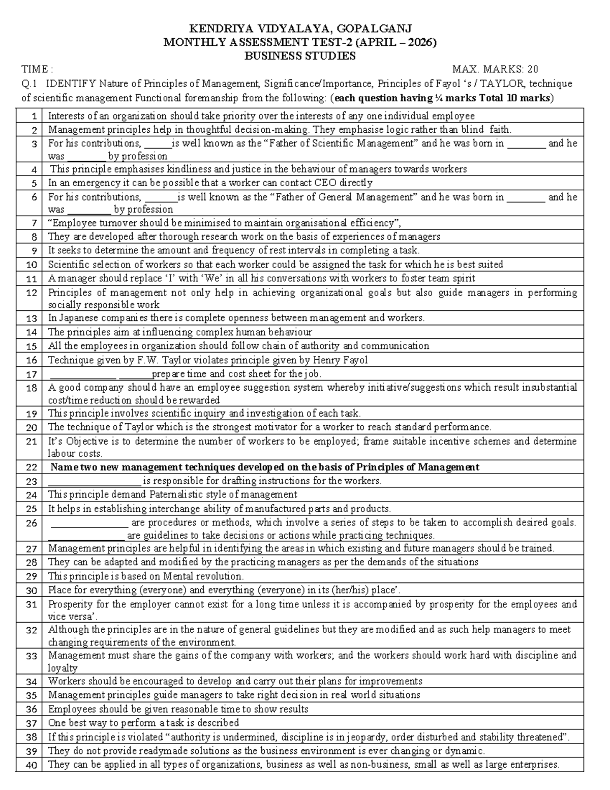KENDRIYA VIDYALAYA, GOPALGANJ MONTHLY ASSESSMENT (APRIL 2026) BUSINESS ...