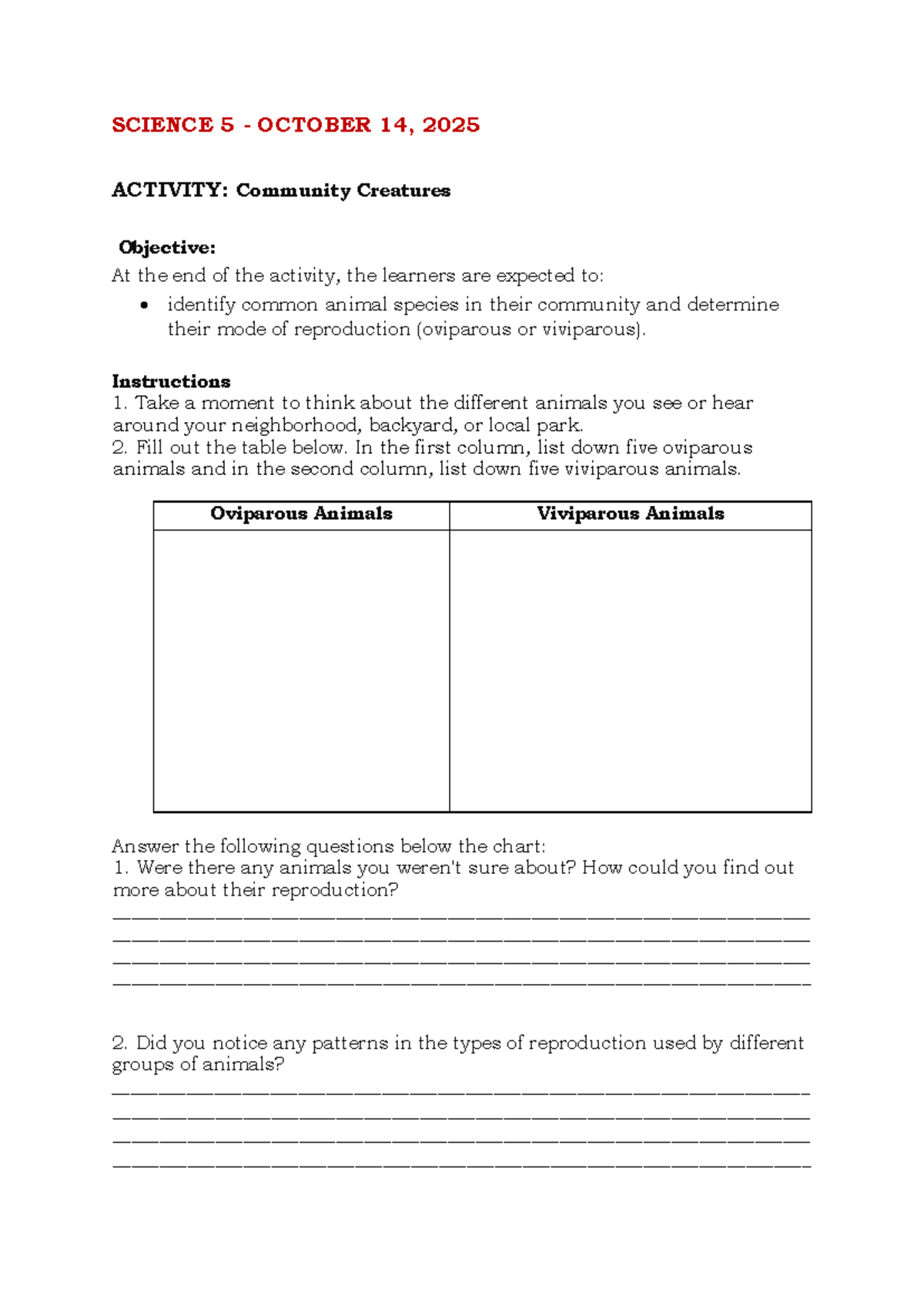 SCIENCE 5 ACTIVITY: Community Creatures - Oviparous vs. Viviparous ...