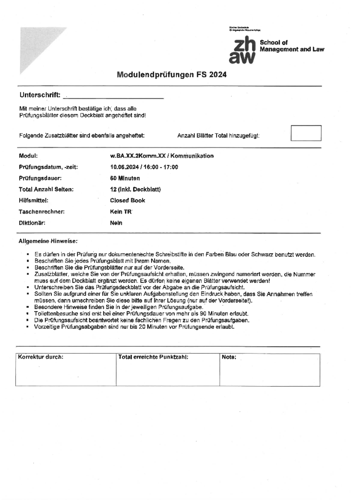 Modulendprüfungen FS 2024 w.BA.XX.2Komm.XX - Kommunikation und ...