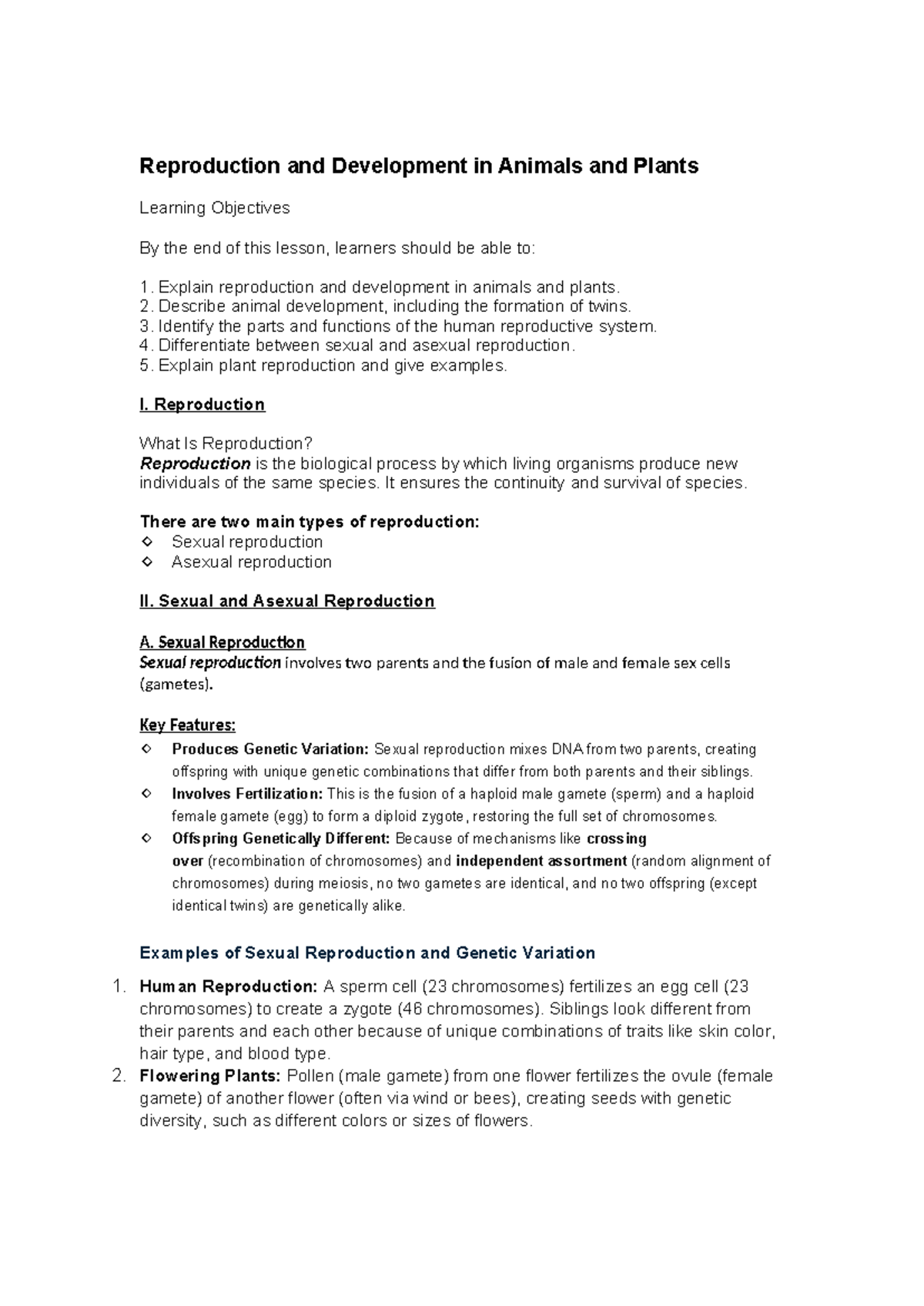 Reproduction & Development in Animals & Plants: Learning Objectives ...