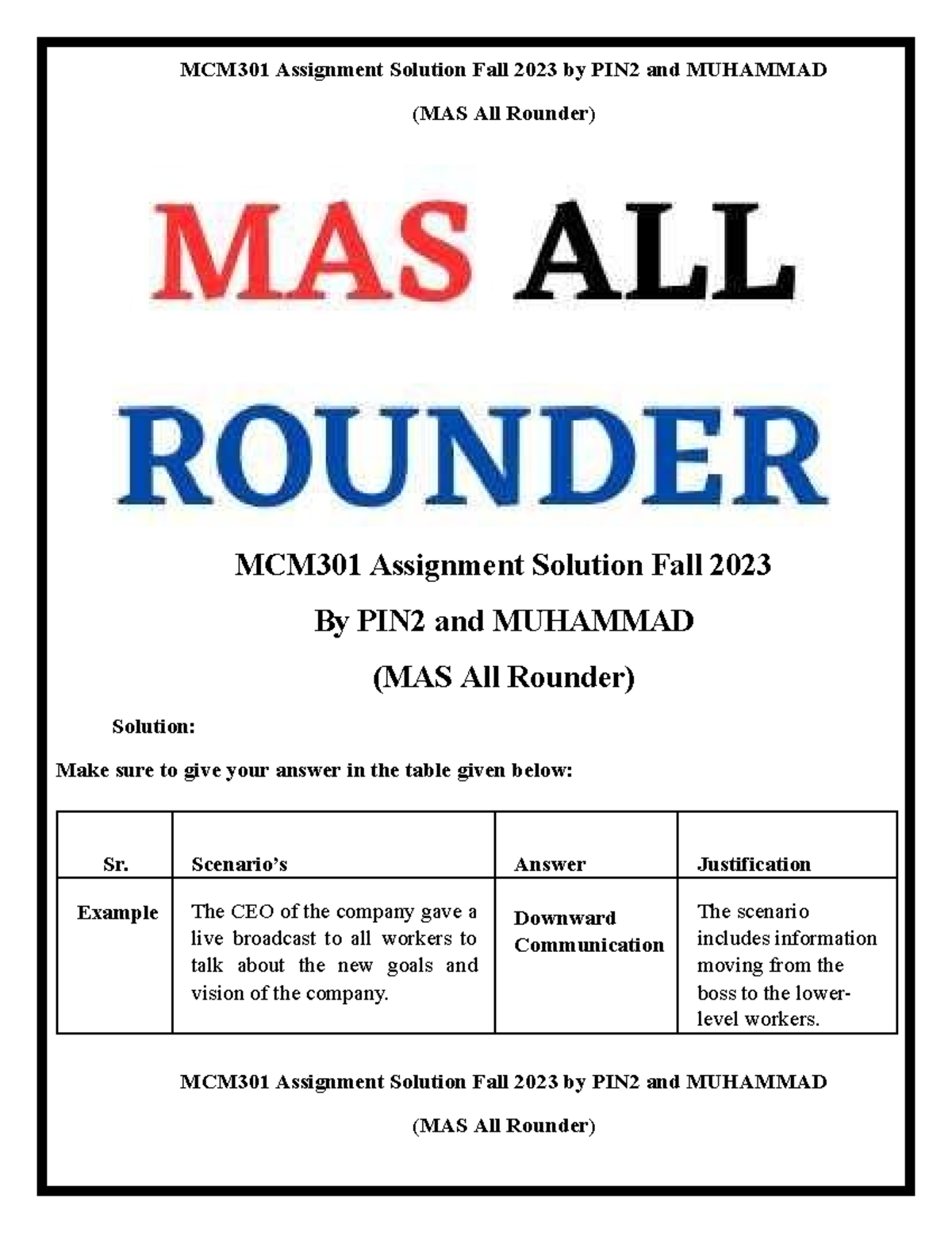 MCM301 Assignment Solution Fall 2023 by PIN2 and Muhammad (MAS All ...