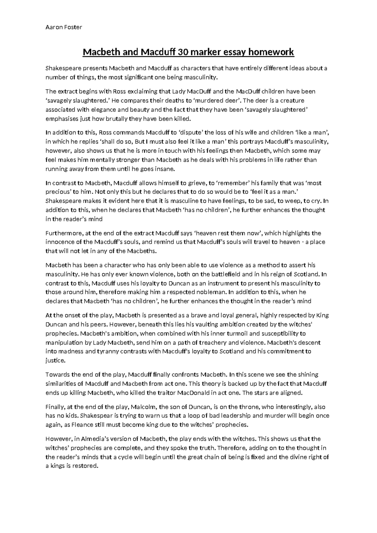 Macbeth vs. Macduff: A 30 Marker Essay Analysis on Masculinity - Studocu