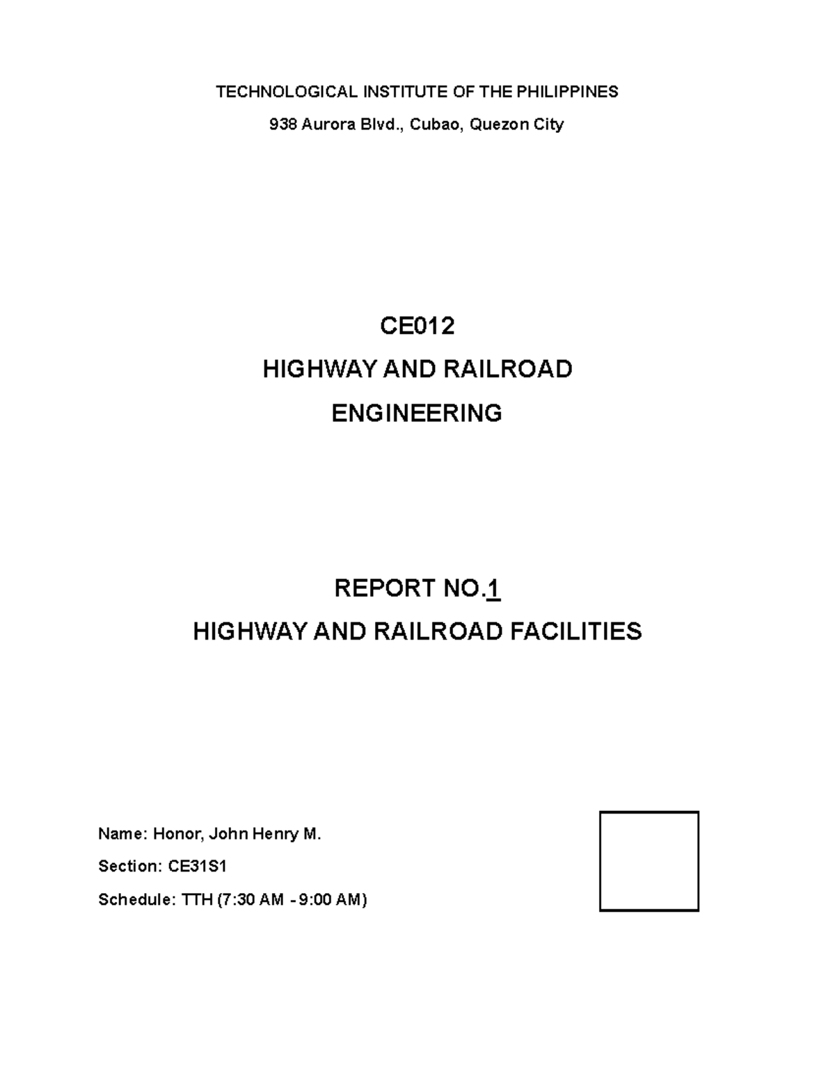 CE012 Highway and Railroad Engineering Report No. 1 by Honor - Studocu