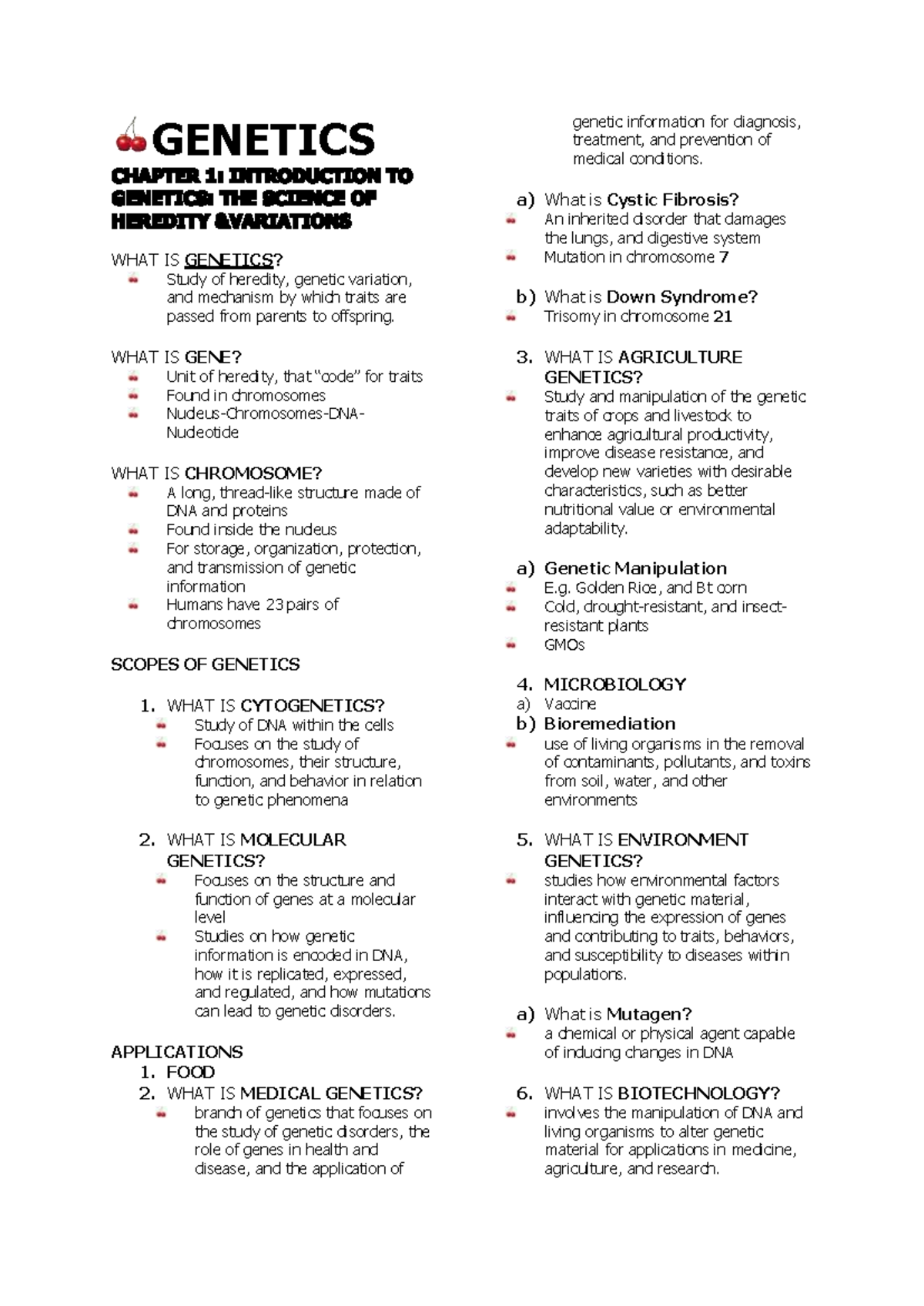 Genetics C1 - Chapter 1: Introduction to Genetics and DNA Structures ...