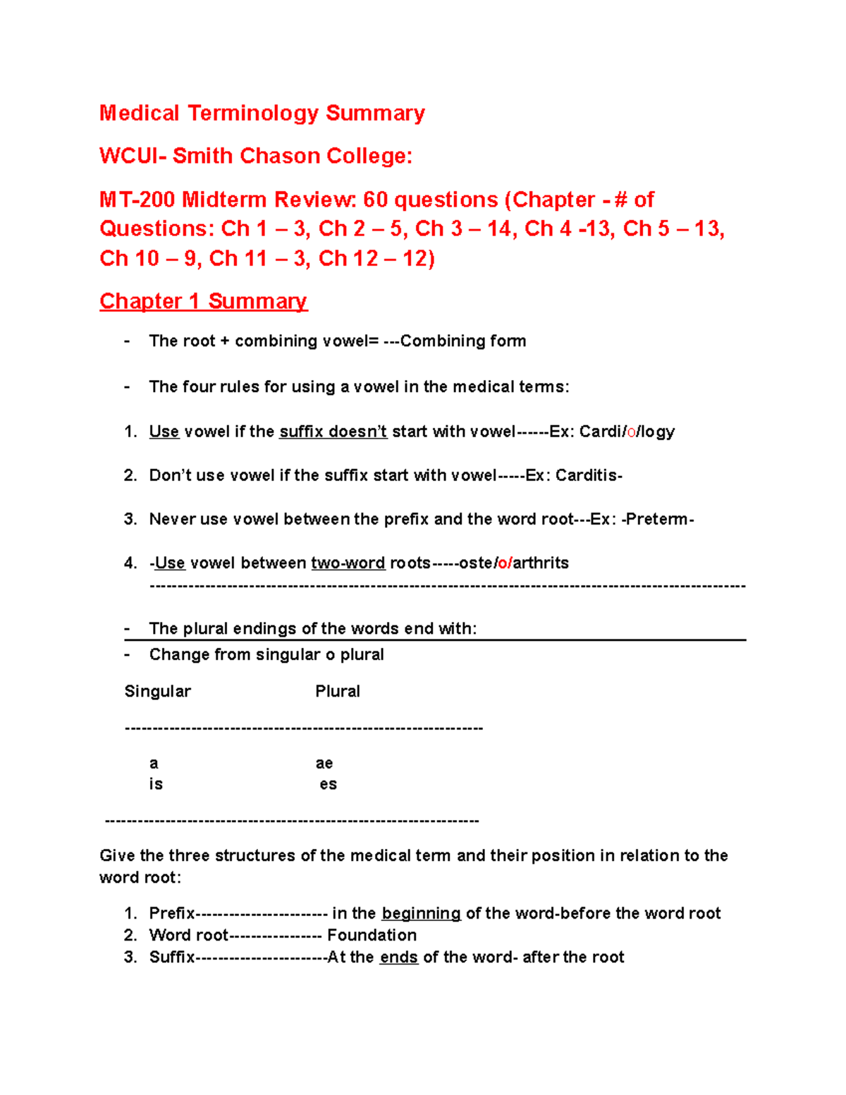 MT-200 Medical Terminology Midterm Review: Key Concepts & Summaries ...
