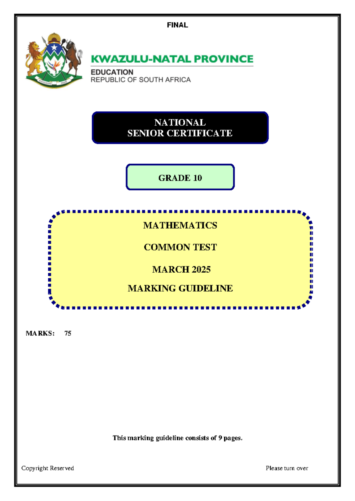 Grade 10 NSC Mathematics March 2025 Common Test Marking Guidelines ...