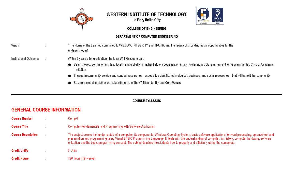 Comp 6 - Syllabus: Computer Fundamentals & Programming - Studocu
