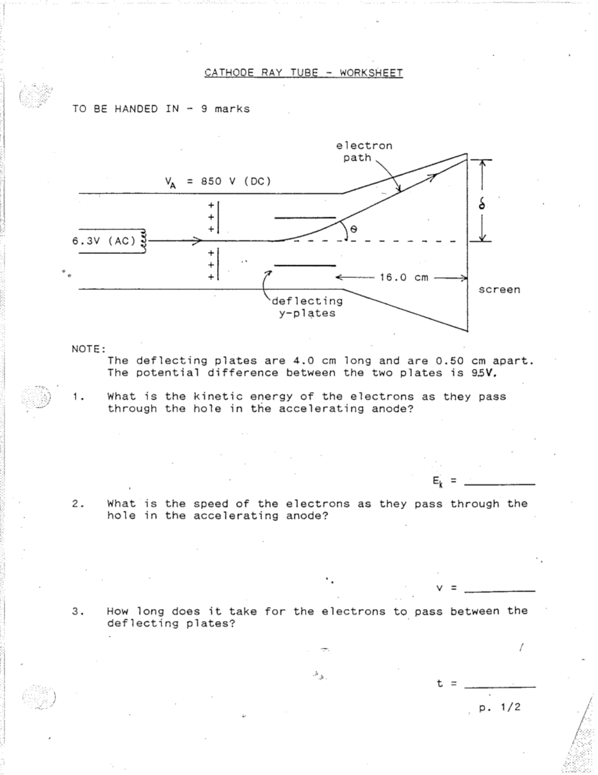 CATHODE RAY TUBE WORKSHEET (Crt-ws) - Electron Path Analysis - Studocu