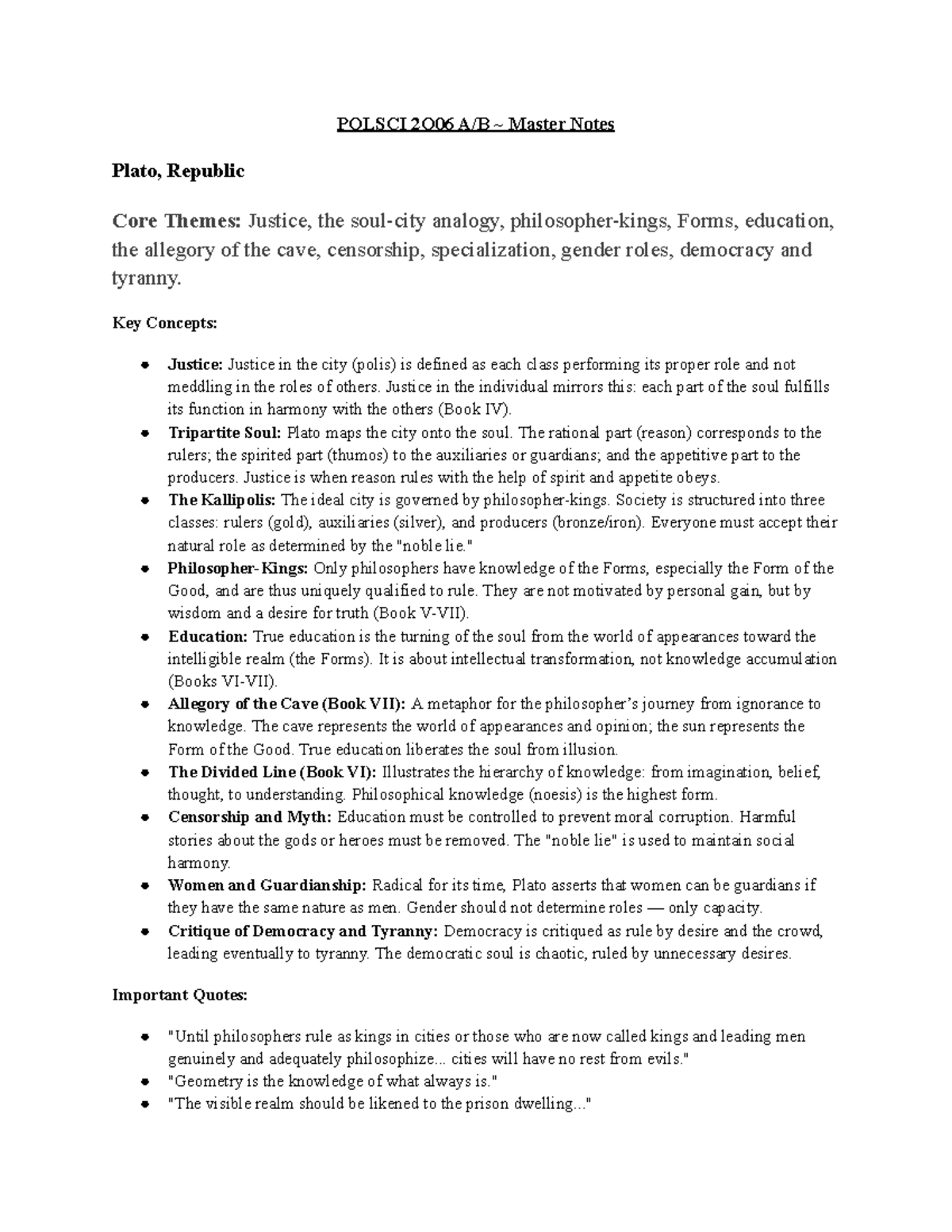 POLSCI 2O06 Lecture Notes: Key Themes in Plato, Aristotle, Hobbes ...