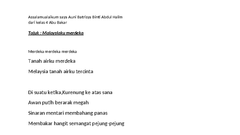 Sajak merdeka - Assalamualaikum saya Auni Batrisya Binti Abdul Halim ...