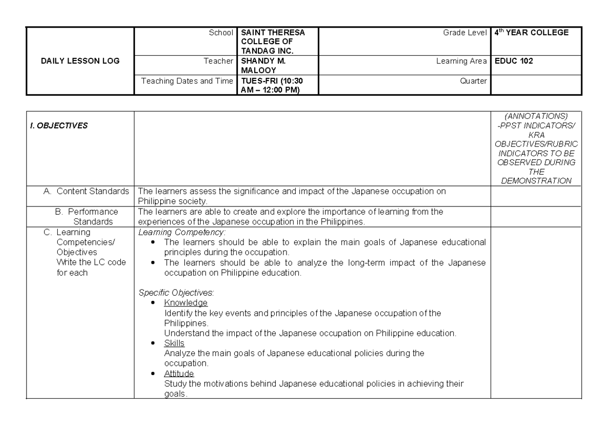 EDUC 102 DLP - All about Japanese Occupation and Education - DAILY ...