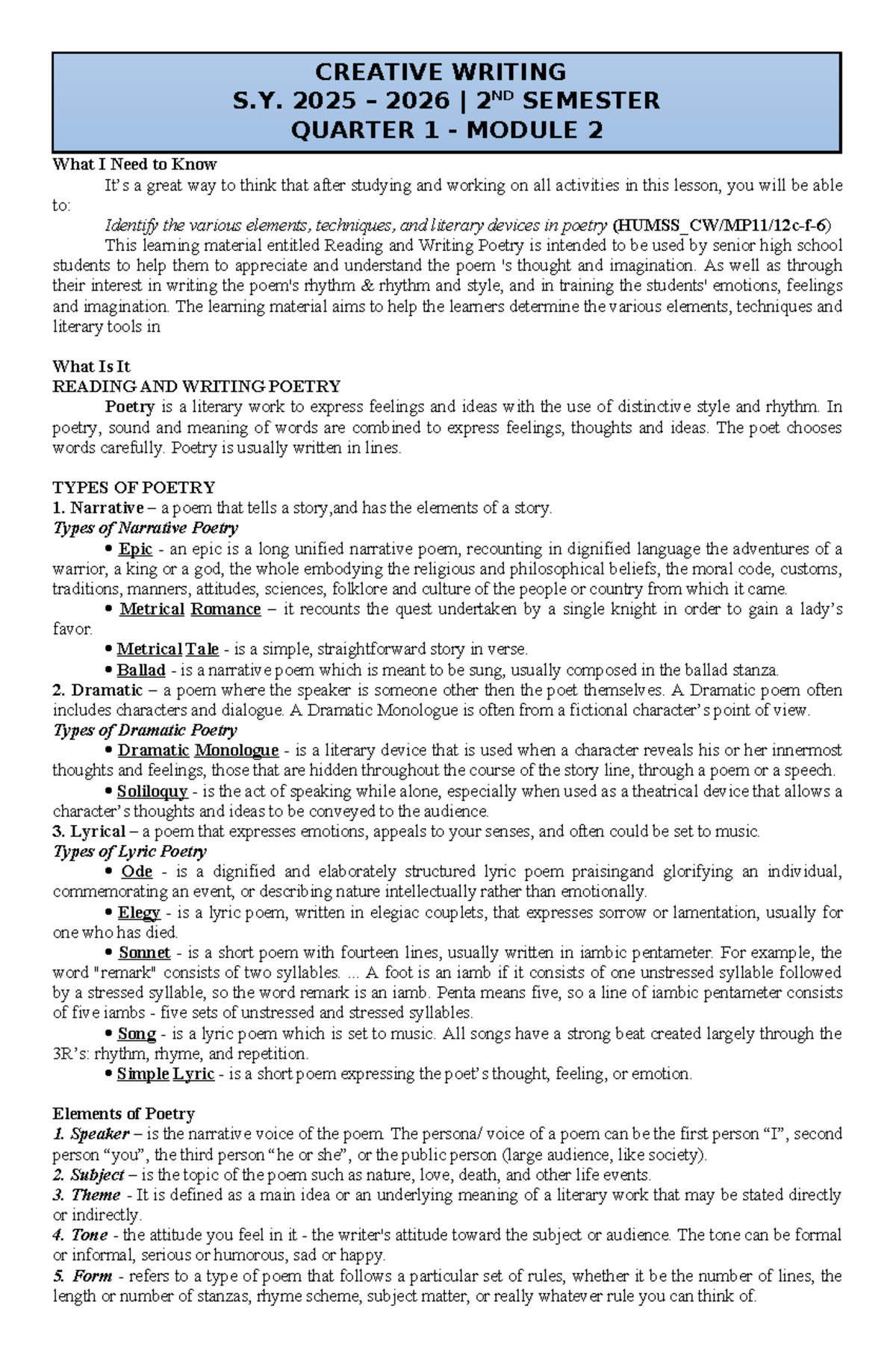 Creative Writing S.Y. 2025-2026: Poetry Elements & Techniques Module 2 - Studocu