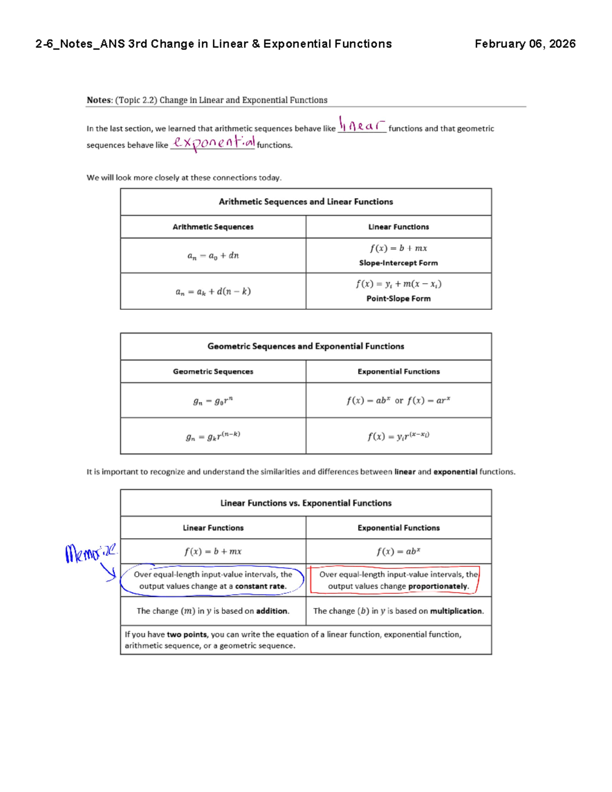 2-6 Notes ANS 3rd Change in Linear & Exponential Functions - 2-6_Notes ...