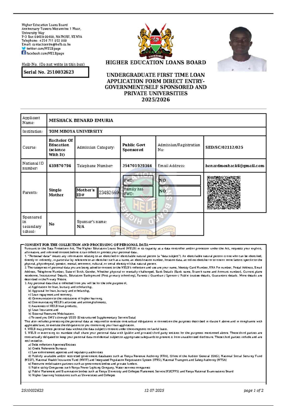 HELB Undergraduate Loan Application Form - 2510032623 - Studocu