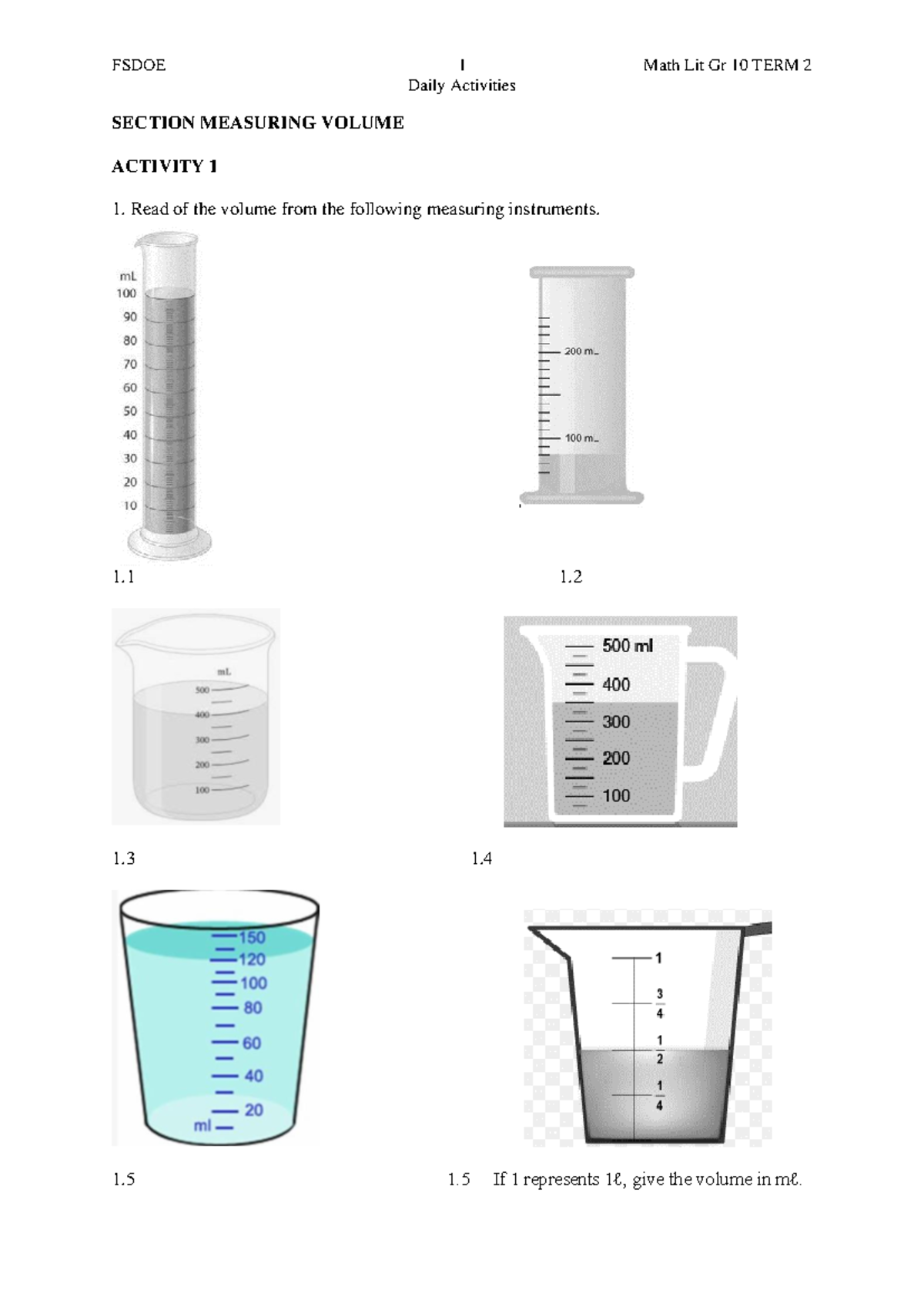 MATH LIT GR 10 Term 2 Daily Activities on Volume & Temperature - Studocu