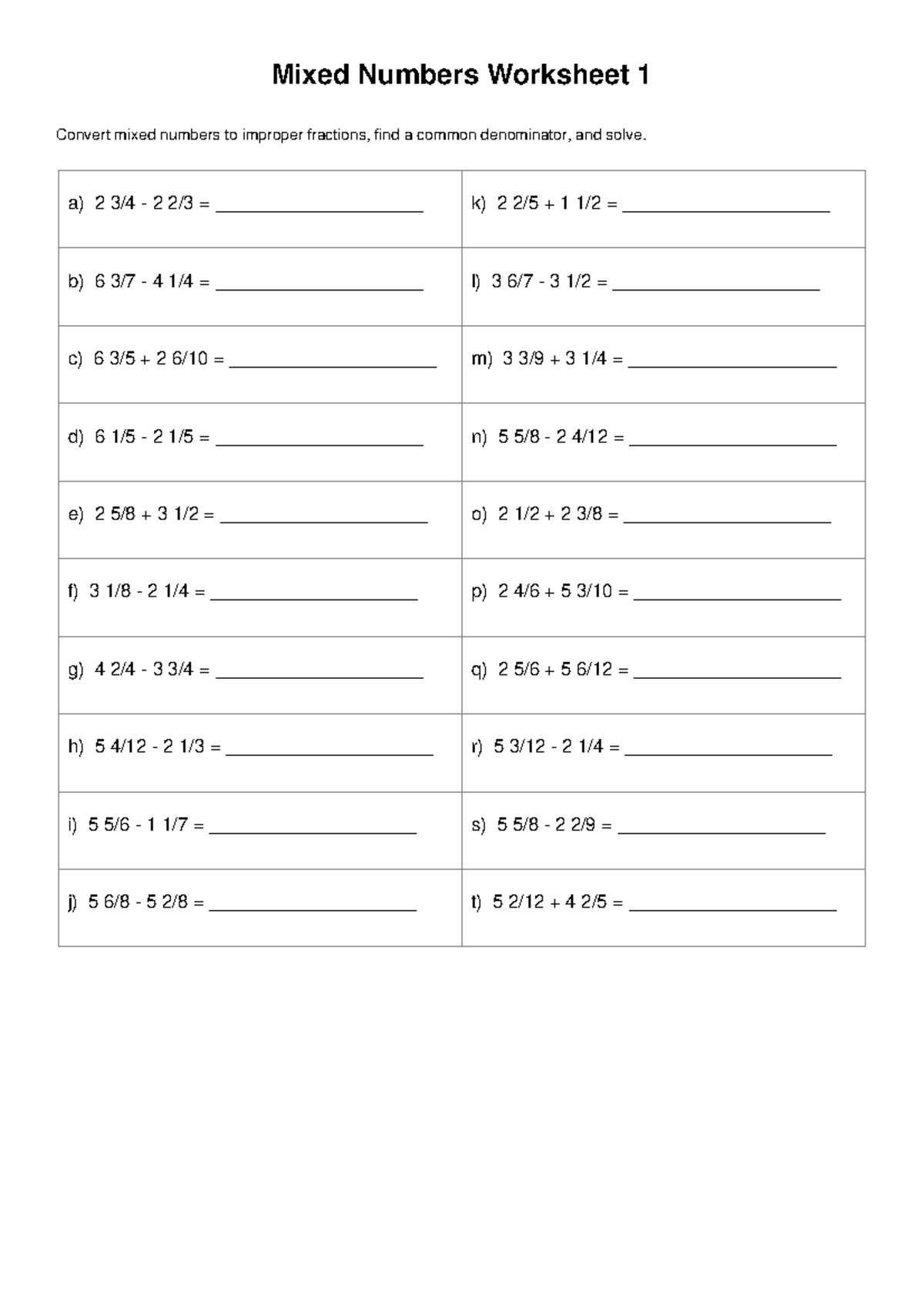 Mixed Numbers Worksheets: Converting to Improper Fractions - Studocu