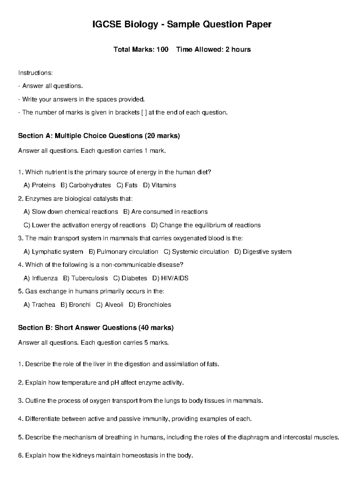 IGCSE Biology Sample Question Paper: Marks & Time Details Included ...
