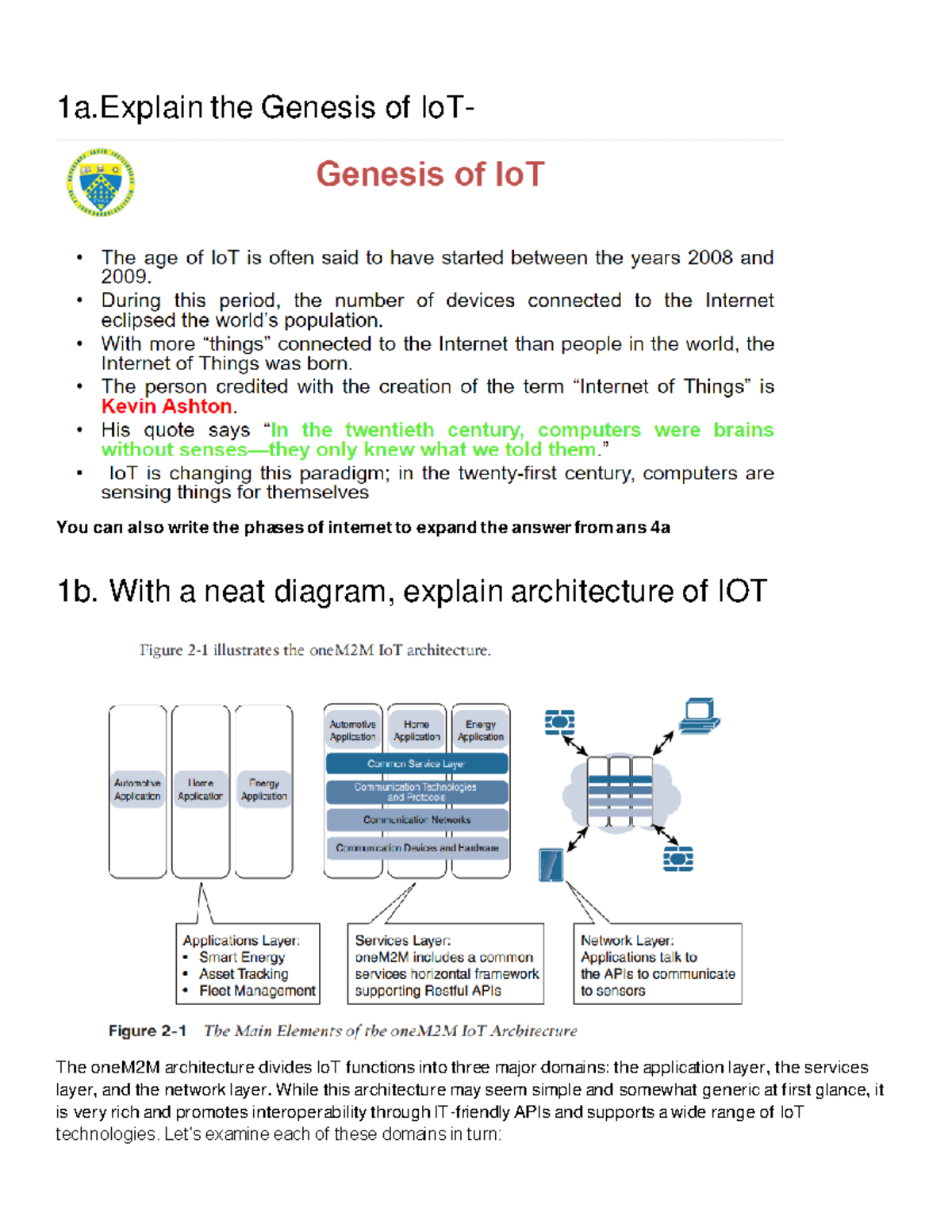 Assignment 1 - Internet of things notes - 1a the Genesis of IoT- You ...