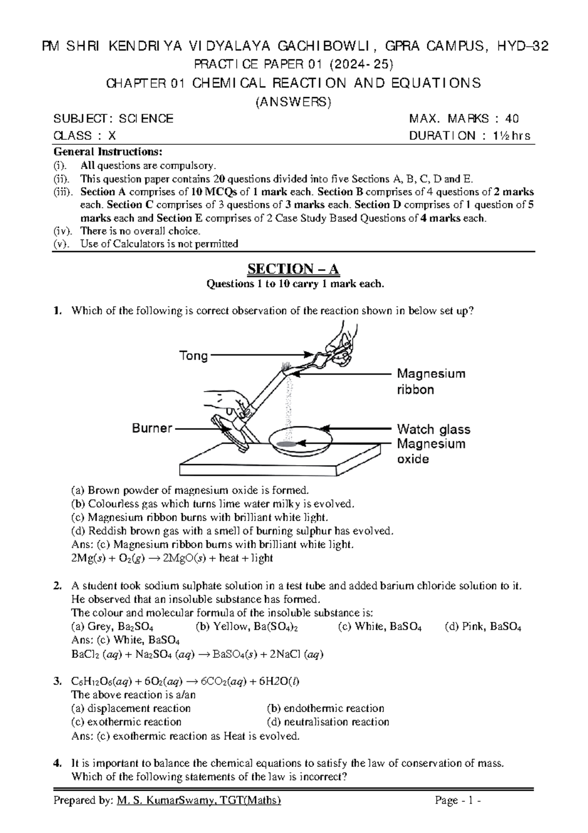 Science Class X Chapter 01: Chemical Reactions & Equations Practice ...