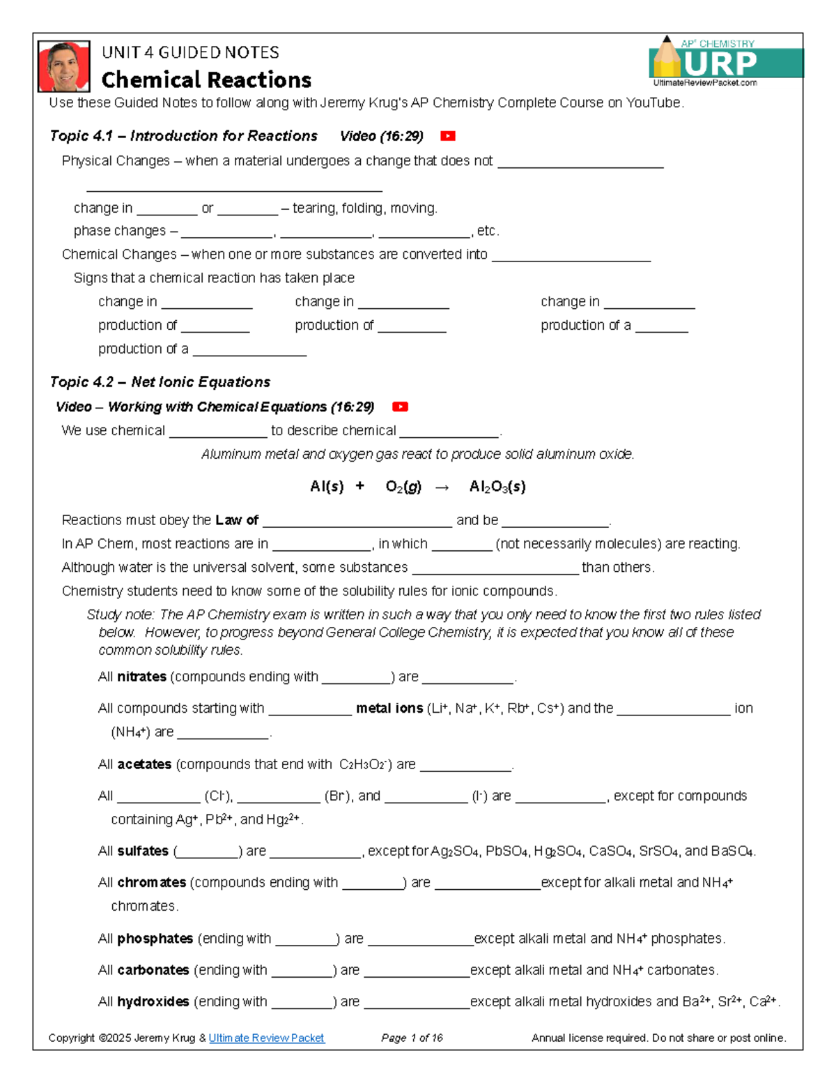 AP CHEM 4 Guided Notes: Chemical Reactions and Stoichiometry - Studocu