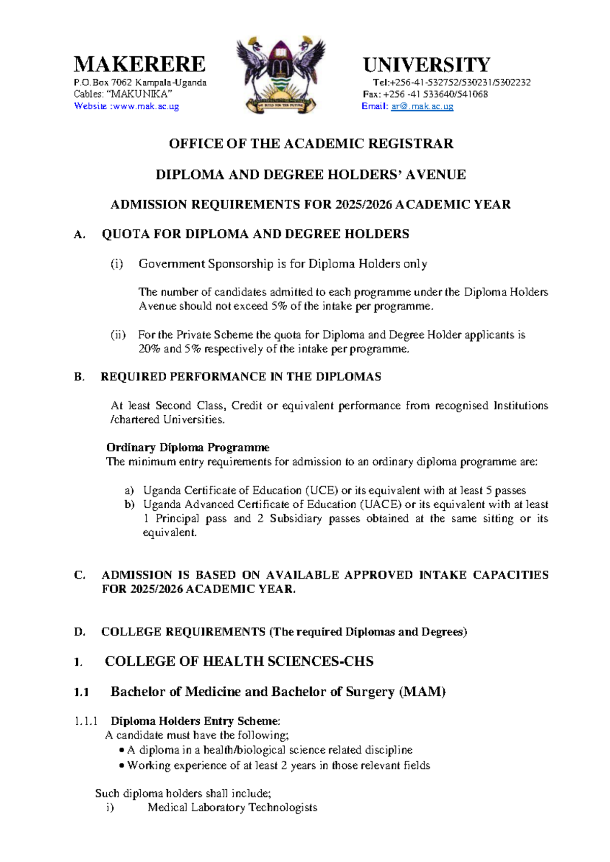Makerere University Diploma & Degree Holders Admission Req. 2025/26 AY ...