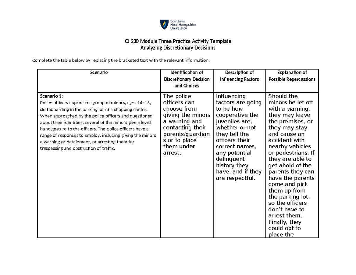 CJ 230 Module 3 Practice Activity: Analyzing Discretionary Decisions ...