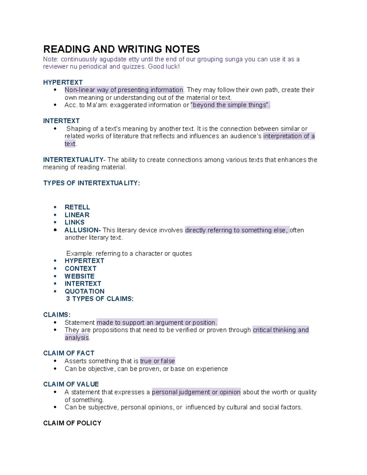 Reading AND Writing - READING AND WRITING NOTES Note: continuously ...